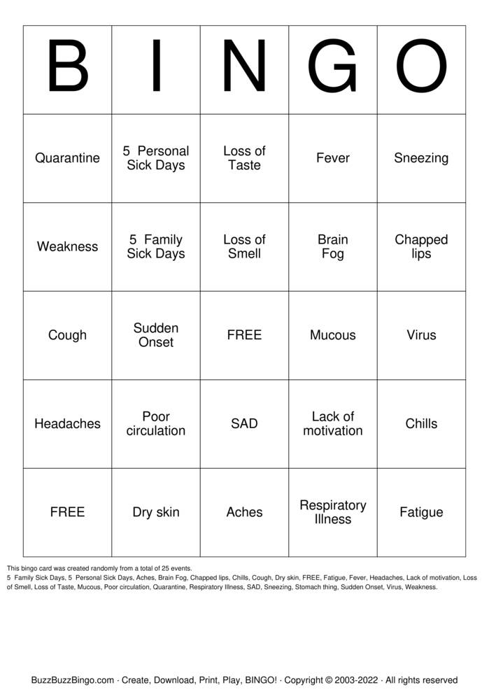 FLU Bingo Cards to Download, Print and Customize!