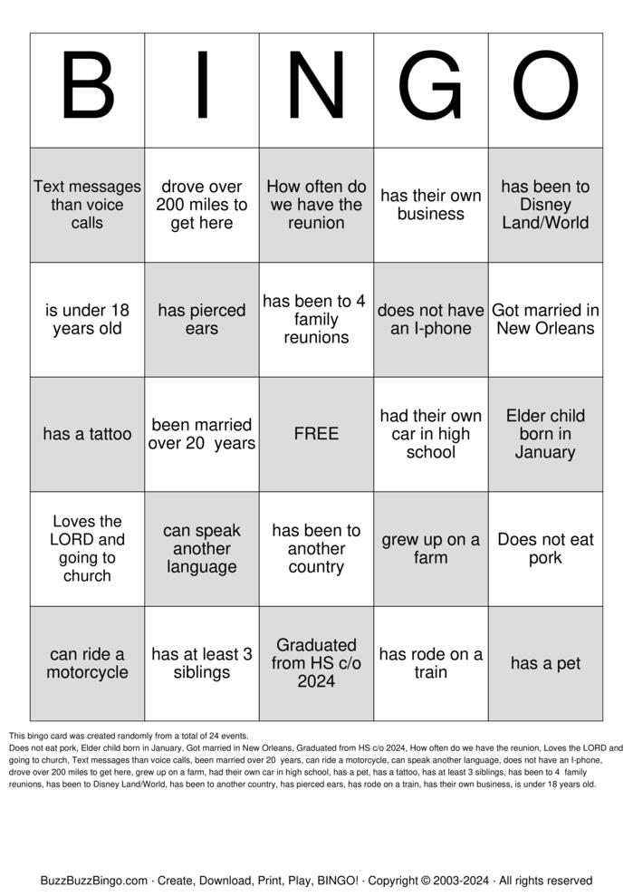Family Reunion Bingo Bingo Cards to Download, Print and Customize!