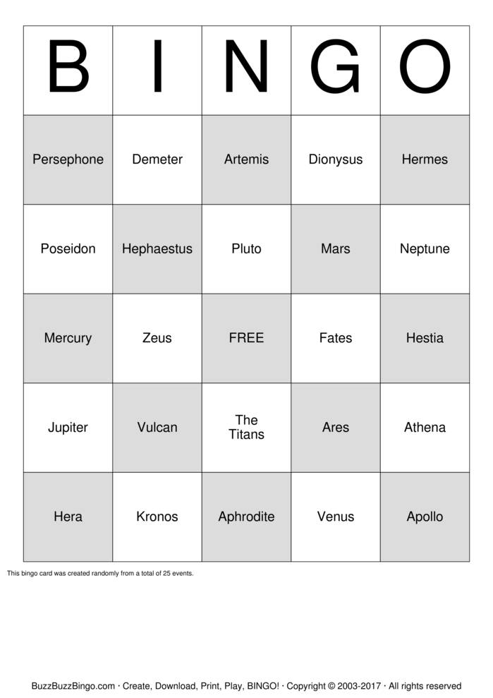 Greek Mythology Bingo Cards to Download, Print and Customize!