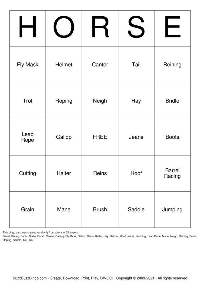 HORSE Bingo Cards to Download, Print and Customize!