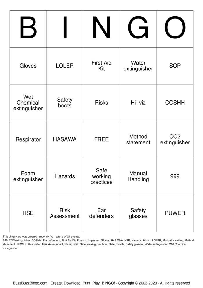 Health and safety Bingo Cards to Download, Print and Customize!