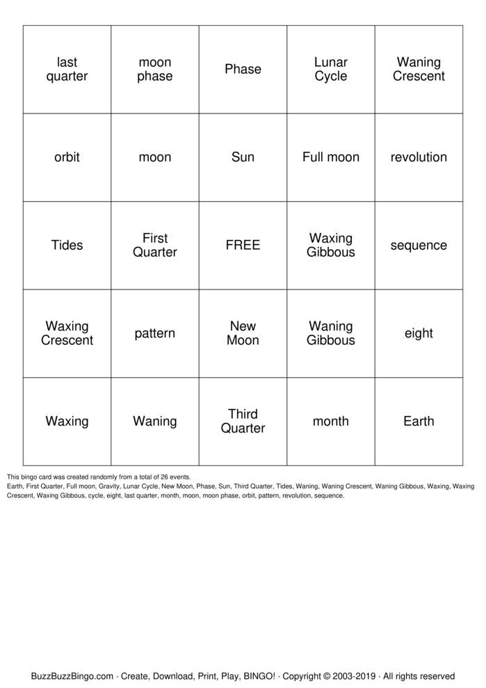 Moon Phases Bingo Cards to Download, Print and Customize!
