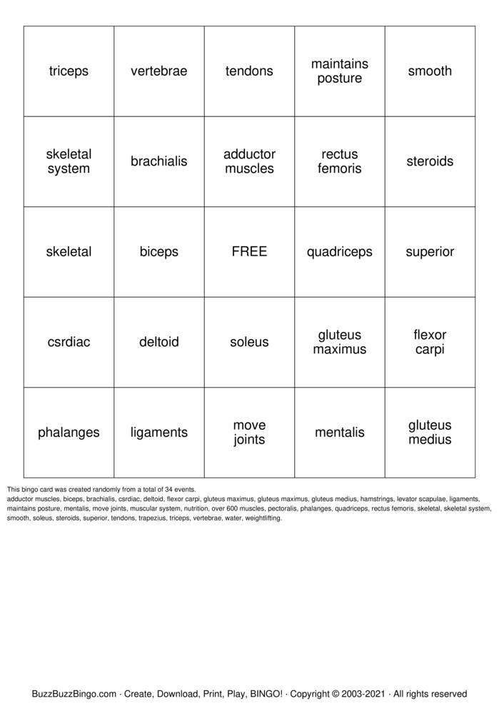 Muscular System Bingo Cards to Download, Print and Customize!