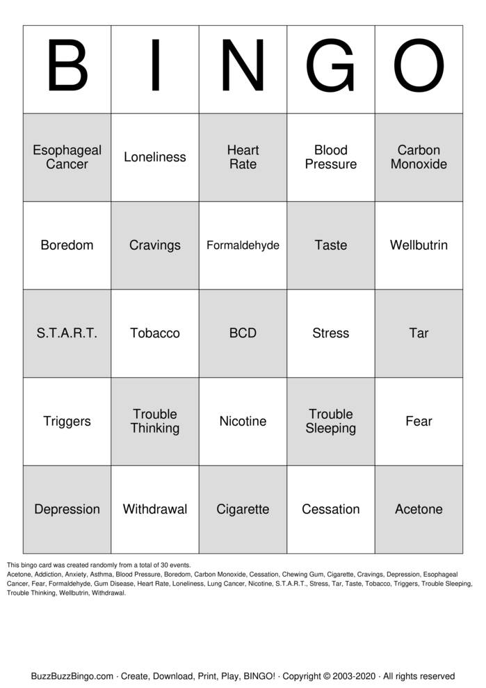 Smoking Cessation BINGO Bingo Cards to Download, Print and Customize!
