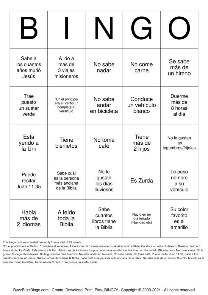 Vamos a conocernos BINGO Bingo Cards to Download, Print and Customize!