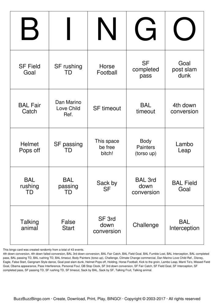 2013 Superbowl BAL vs SF Bingo Cards to Download, Print and Customize!