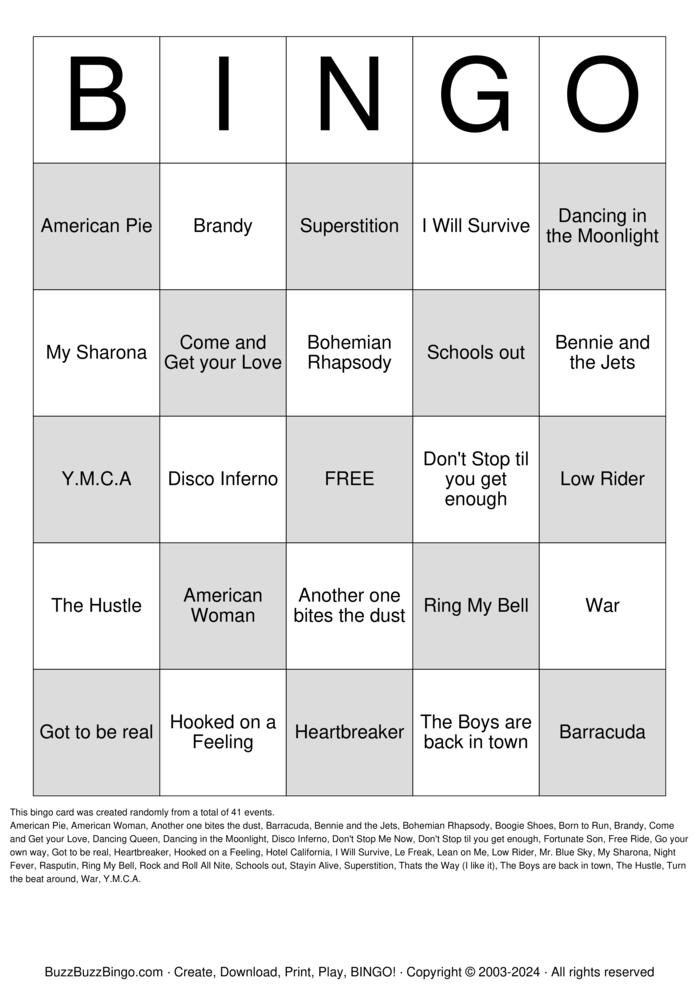 70s Hit Songs Bingo Cards to Download, Print and Customize!