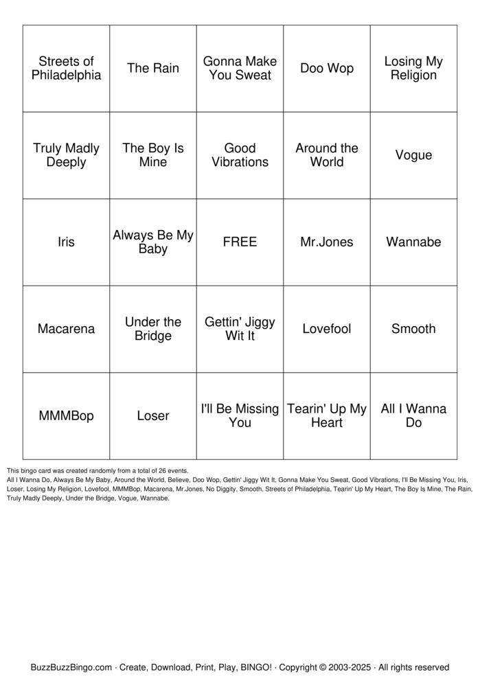 90s Hit Songs 1 Bingo Cards to Download, Print and Customize!