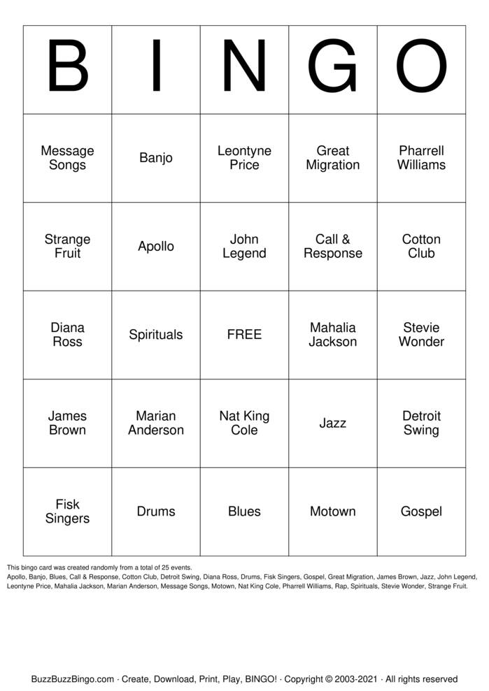 African American Music Bingo Bingo Cards to Download, Print and Customize!