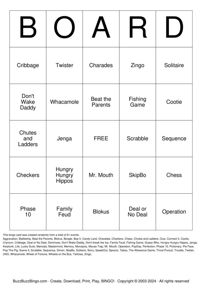 Board Games Bingo Cards to Download, Print and Customize!