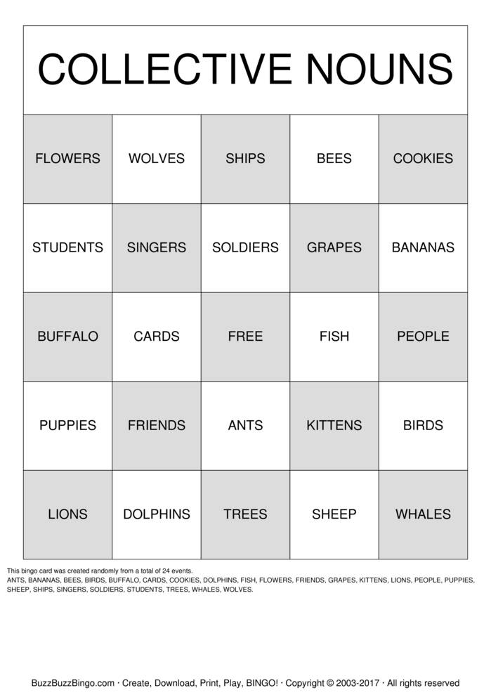 Collective Nouns Bingo Cards to Download, Print and Customize!