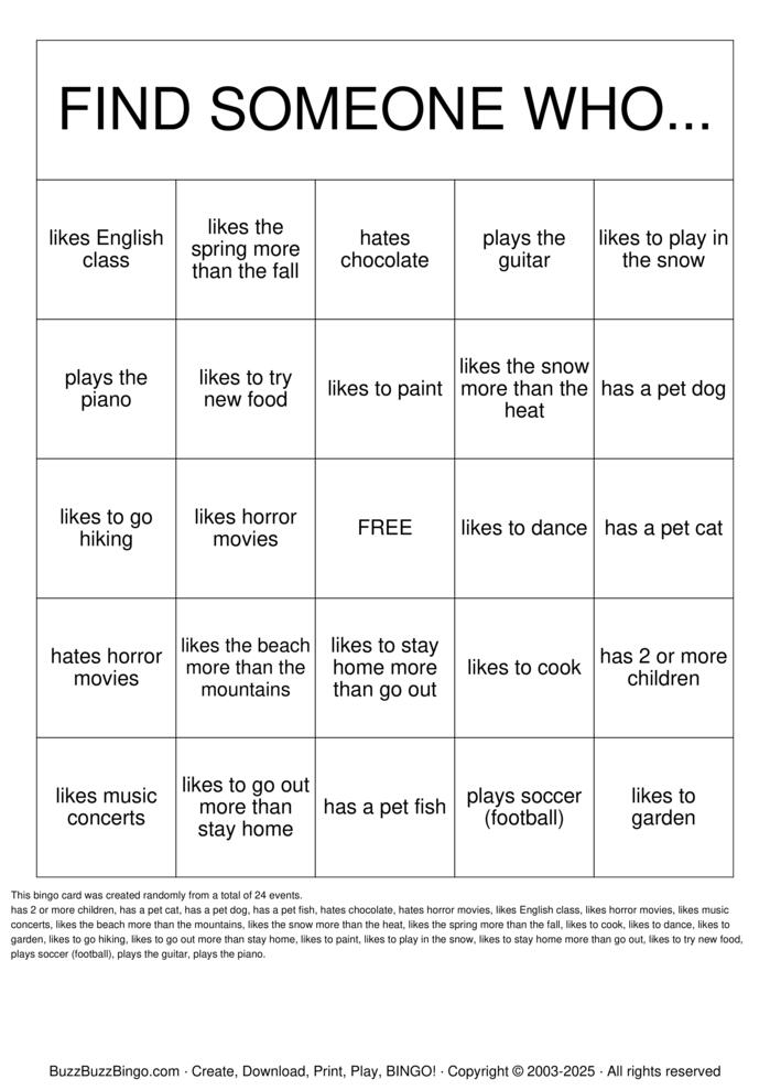 Find Someone Who... Bingo Cards to Download, Print and Customize!