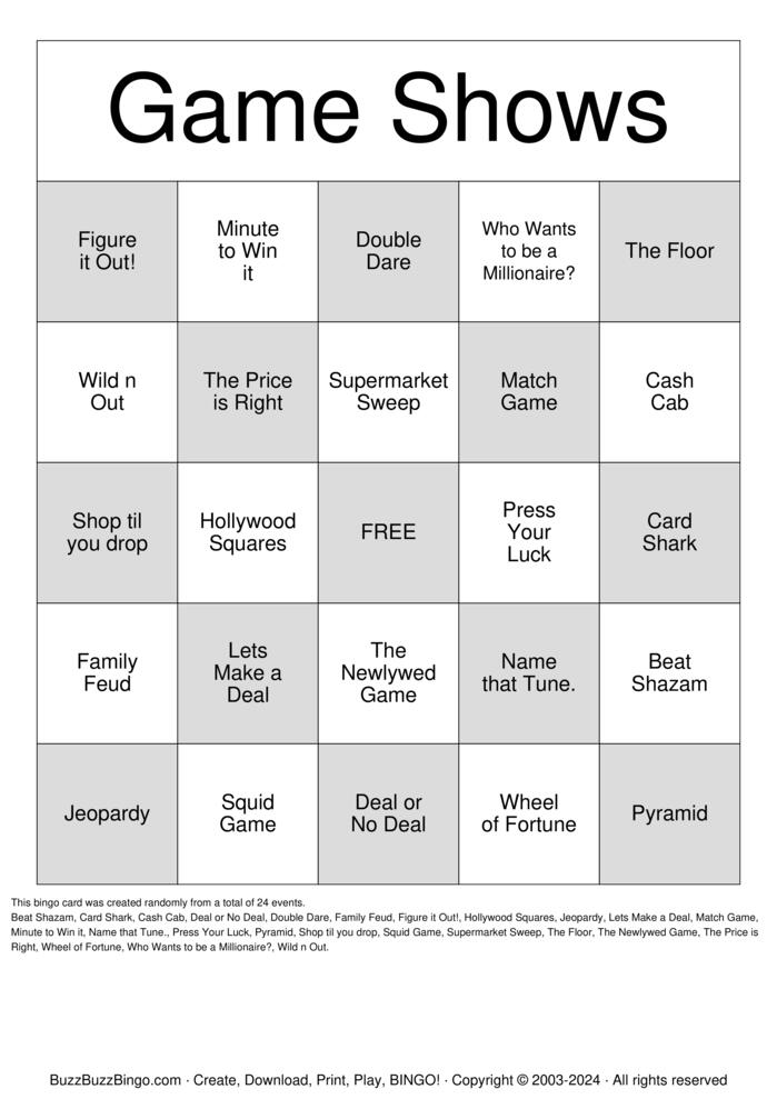 Game Shows Bingo Cards to Download, Print and Customize!