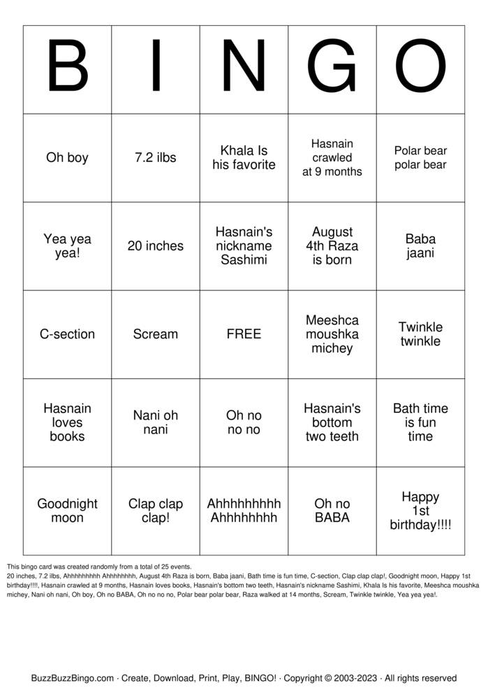 Hasnain and Raza Bingo Cards to Download, Print and Customize!