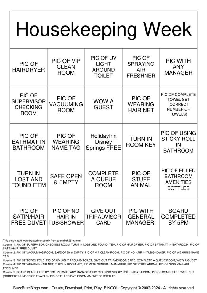 Housekeeping Week Bingo Cards to Download, Print and Customize!