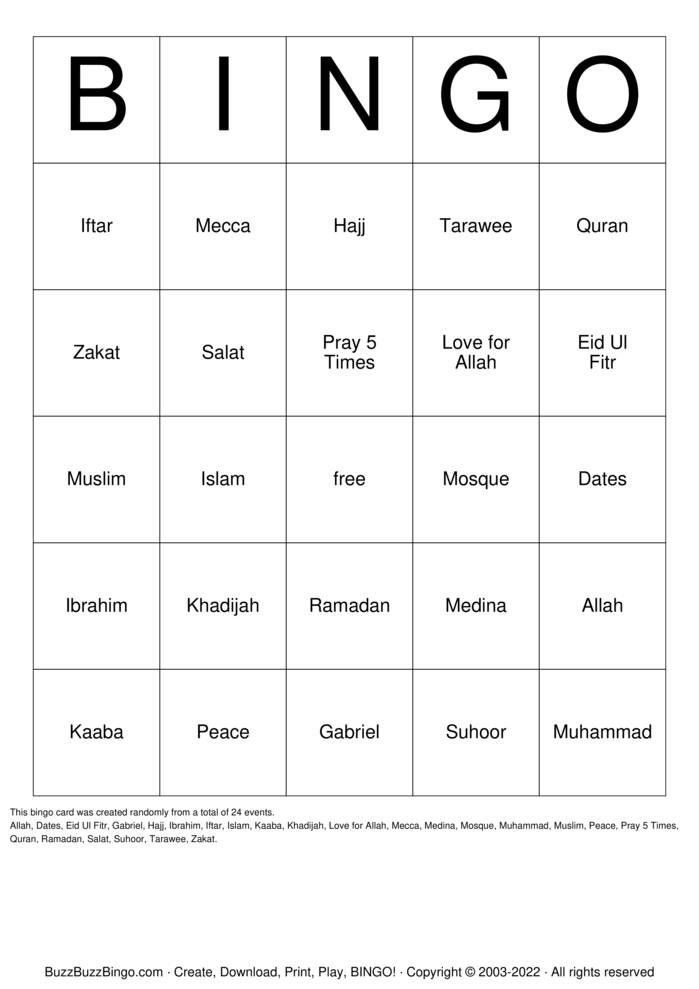 ISLAM Bingo Cards to Download, Print and Customize!