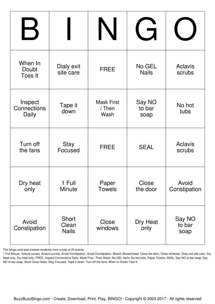 Infection Control Bingo Bingo Cards to Download, Print and Customize!