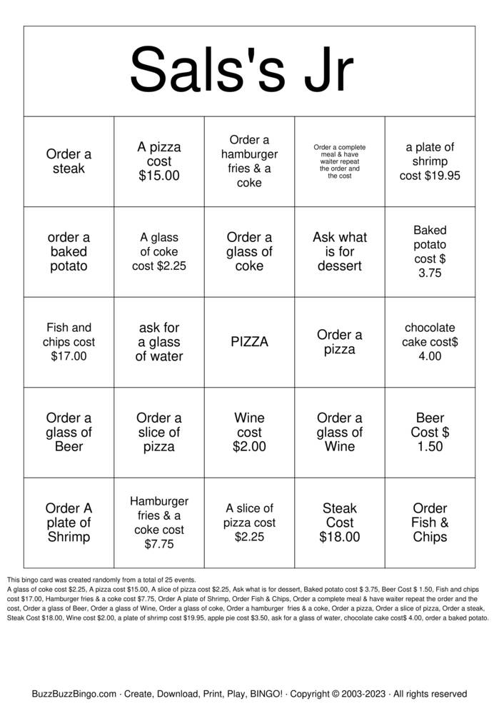 Restaurant Bingo Cards Mariana Novak And Ted Golden Create Online Game