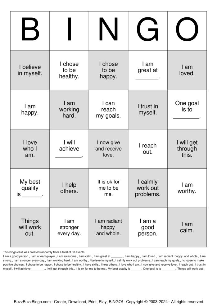 Positive Affirmations Bingo Cards to Download, Print and Customize!