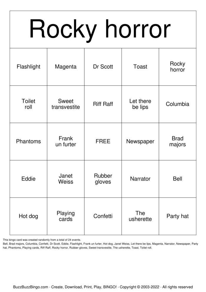 Rocky Horror Bingo Bingo Cards to Download, Print and Customize!