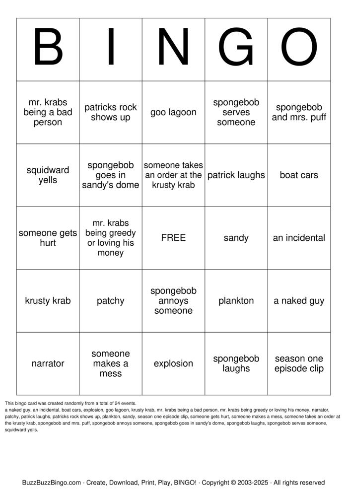 SpongeBob Bingo Cards to Download, Print and Customize!
