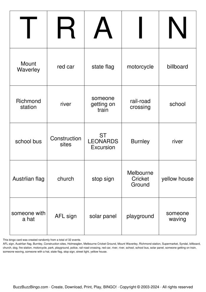TRAIN Bingo Cards to Download, Print and Customize!