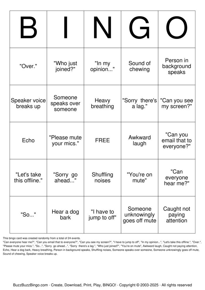 Virtual Meeting Bingo Bingo Cards to Download, Print and Customize!
