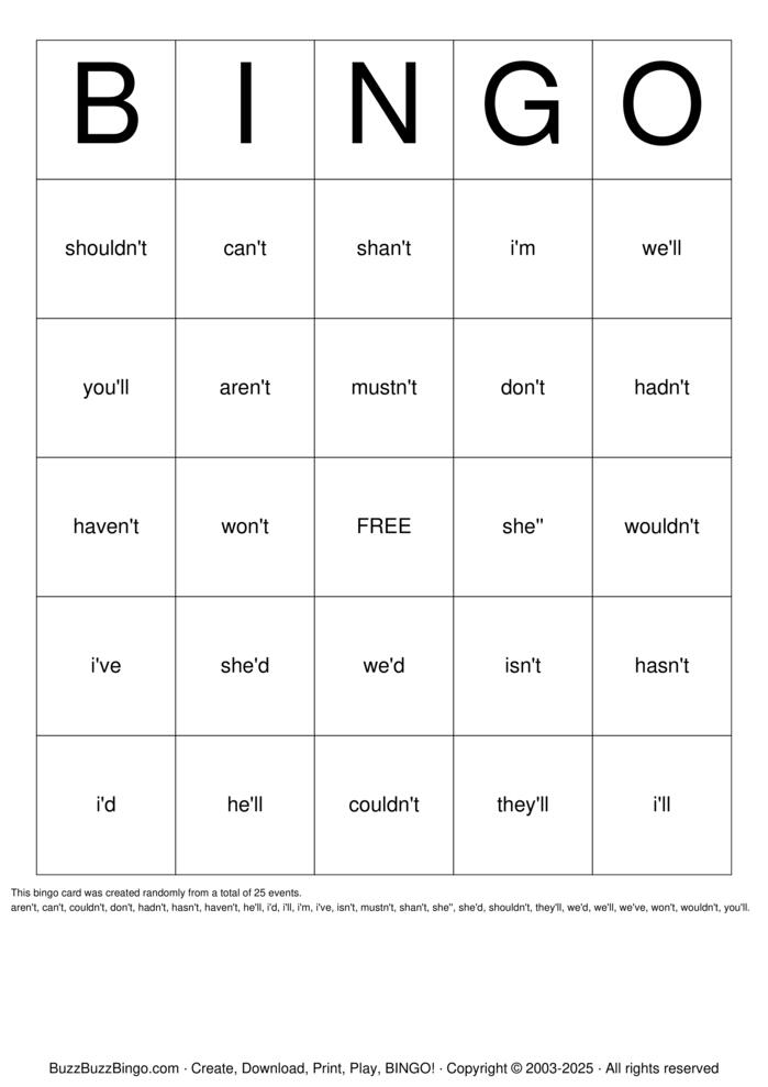 contractions Bingo Cards to Download, Print and Customize!