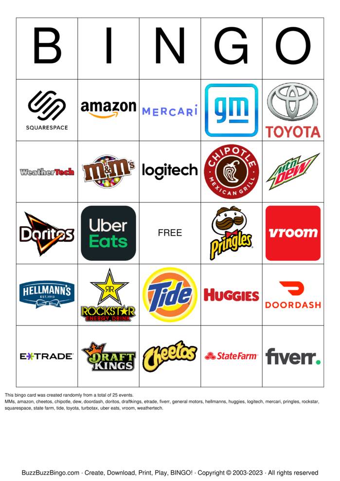 2021 Superbowl Commercial Logos Bingo Cards to Download, Print and ...