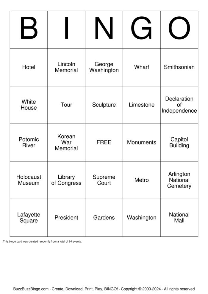 A Trip To Washington, DC Bingo Cards to Download, Print and Customize!