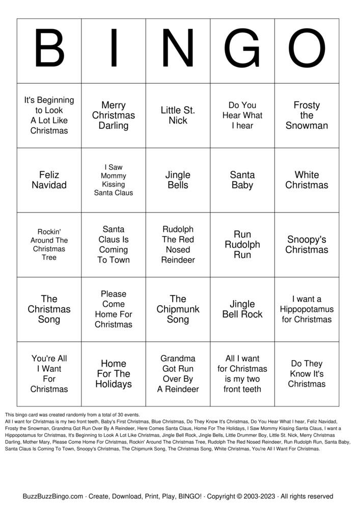 Christmas Songs 2 Bingo Cards to Download, Print and Customize!