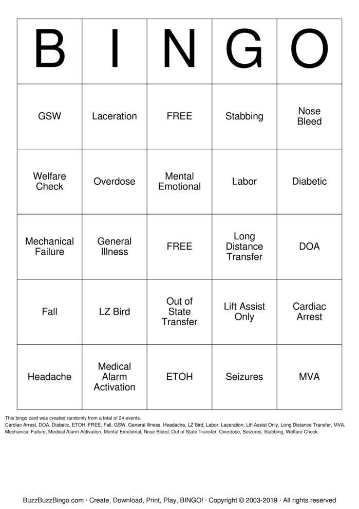 EMS Bingo Cards to Download, Print and Customize!