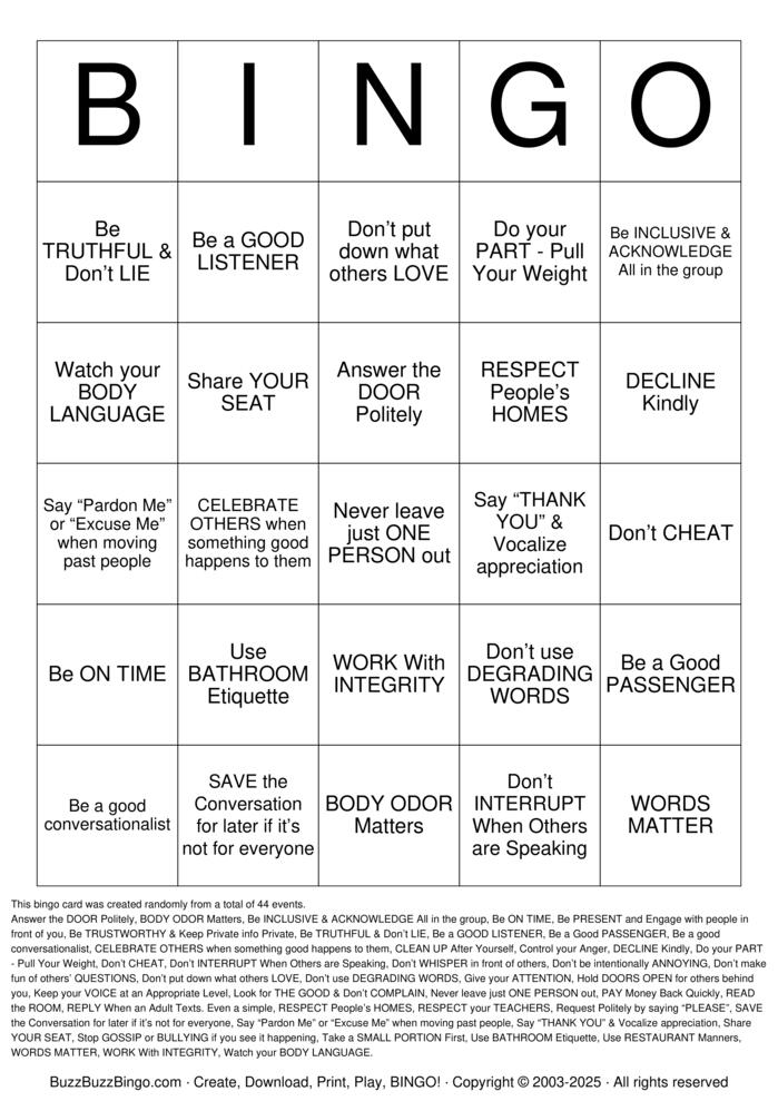 Etiquette Bingo Cards to Download, Print and Customize!