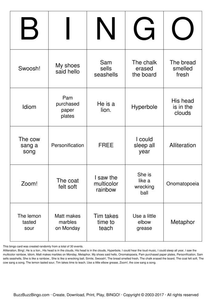 Figurative Language Bingo Cards to Download, Print and Customize!