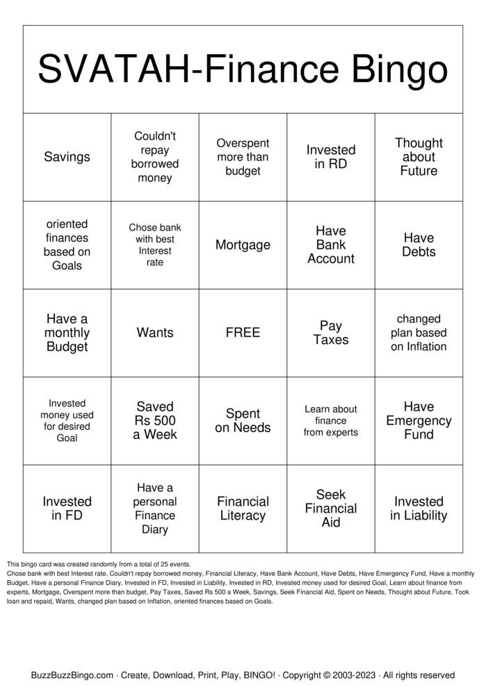 Financial Bingo Bingo Cards to Download, Print and Customize!