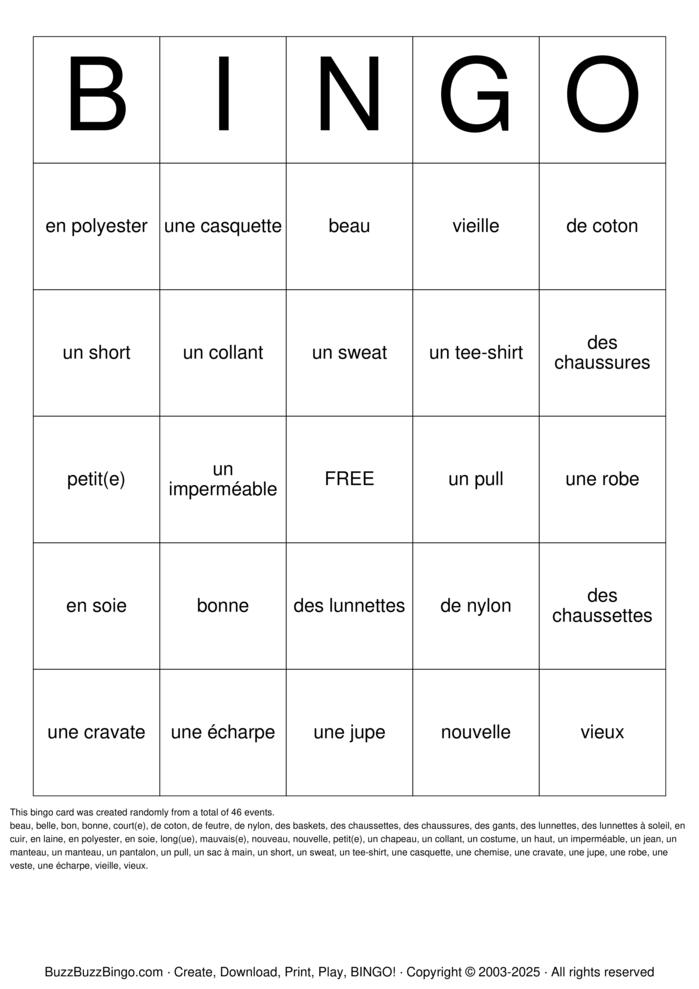 French Clothing Bingo Cards to Download, Print and Customize!