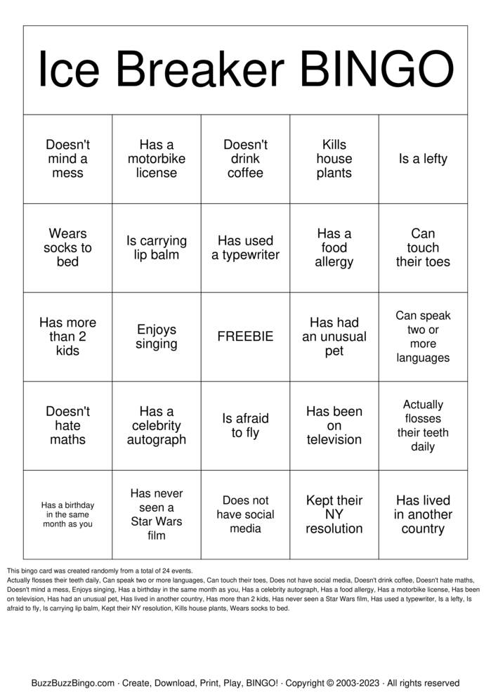 ICEBREAKER BINGO Bingo Cards to Download, Print and Customize!