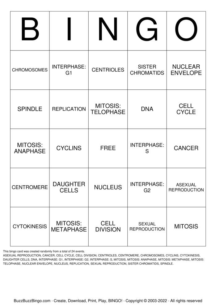 MITOSIS Bingo Cards to Download, Print and Customize!