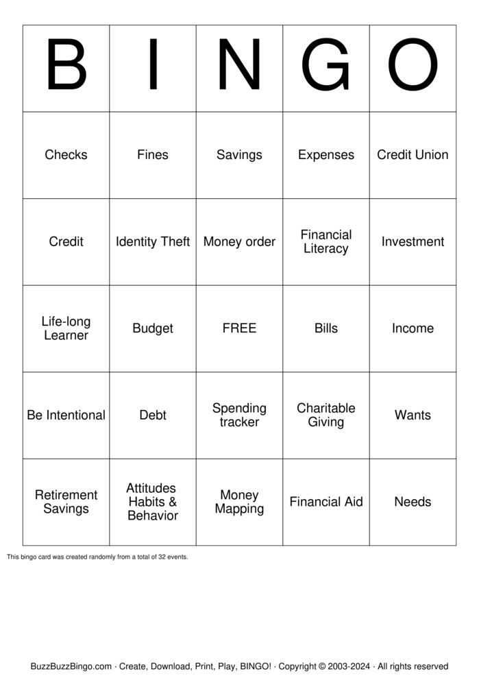 MONEY Bingo Cards to Download, Print and Customize!