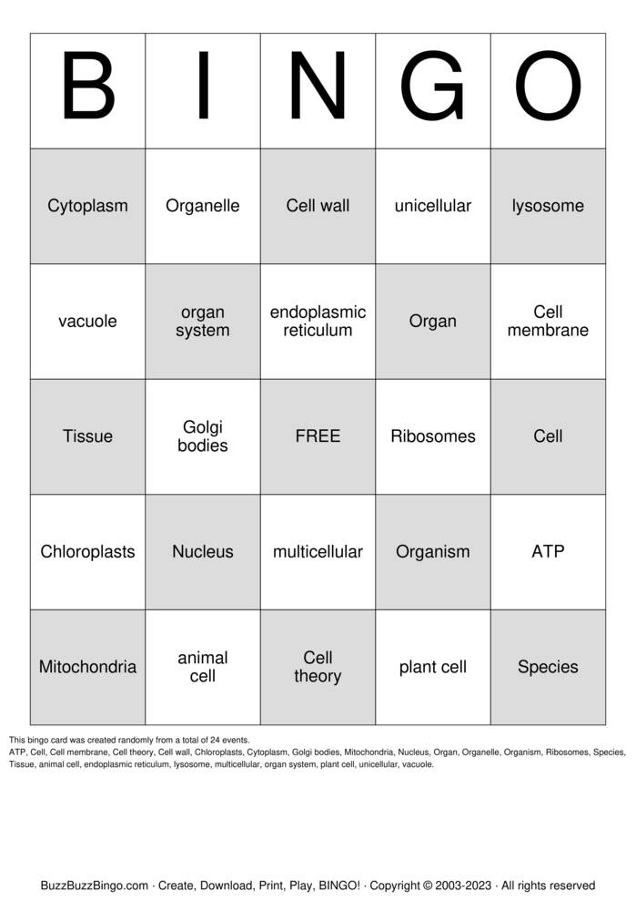 Organelle Bingo Cards to Download, Print and Customize!