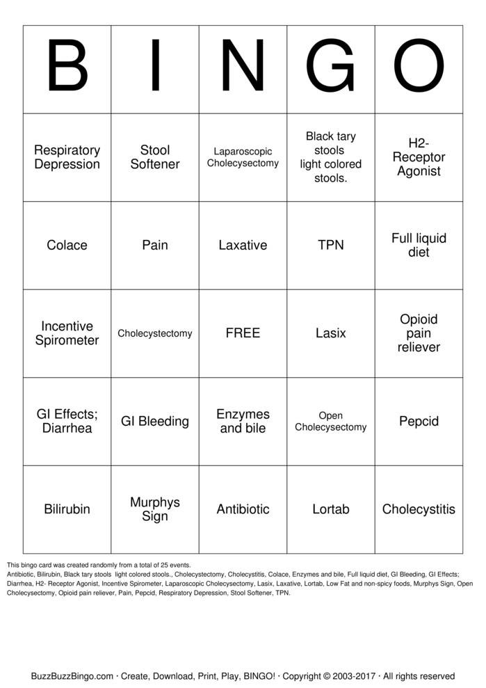 Post Op Bingo Cards to Download, Print and Customize!
