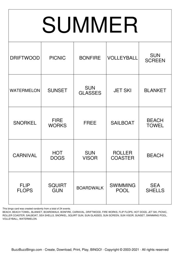 SUMMER FUN Bingo Cards to Download, Print and Customize!
