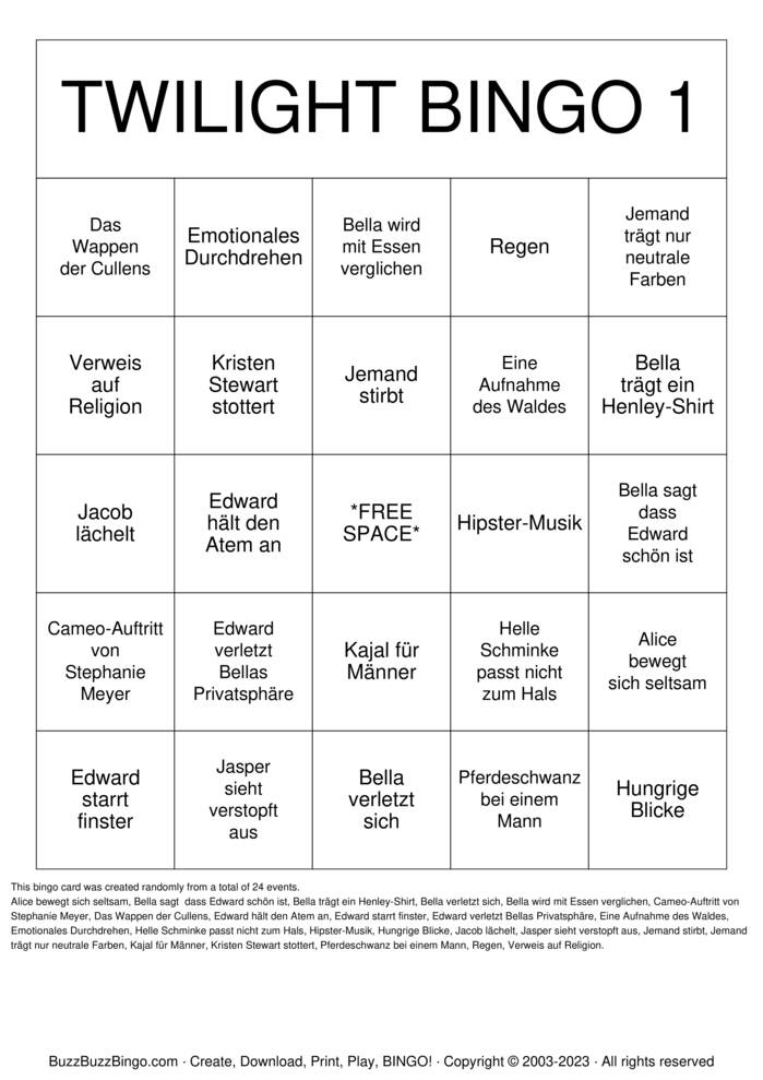 TWILIGHT BINGO Bingo Cards to Download, Print and Customize!
