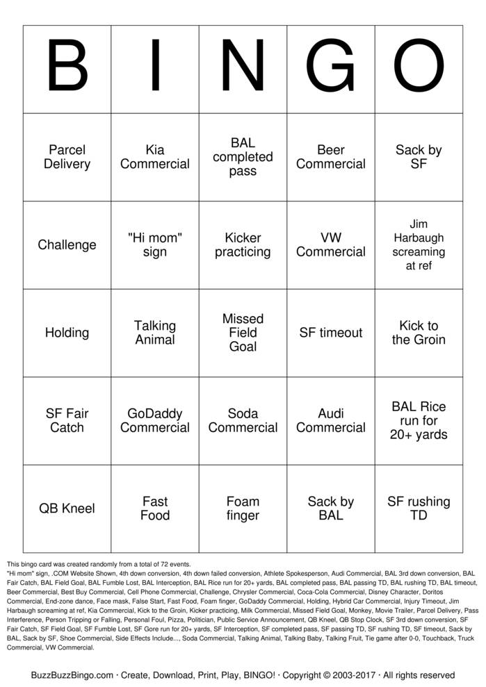 2013 Superbowl BAL vs SF Bingo Cards to Download, Print and Customize!