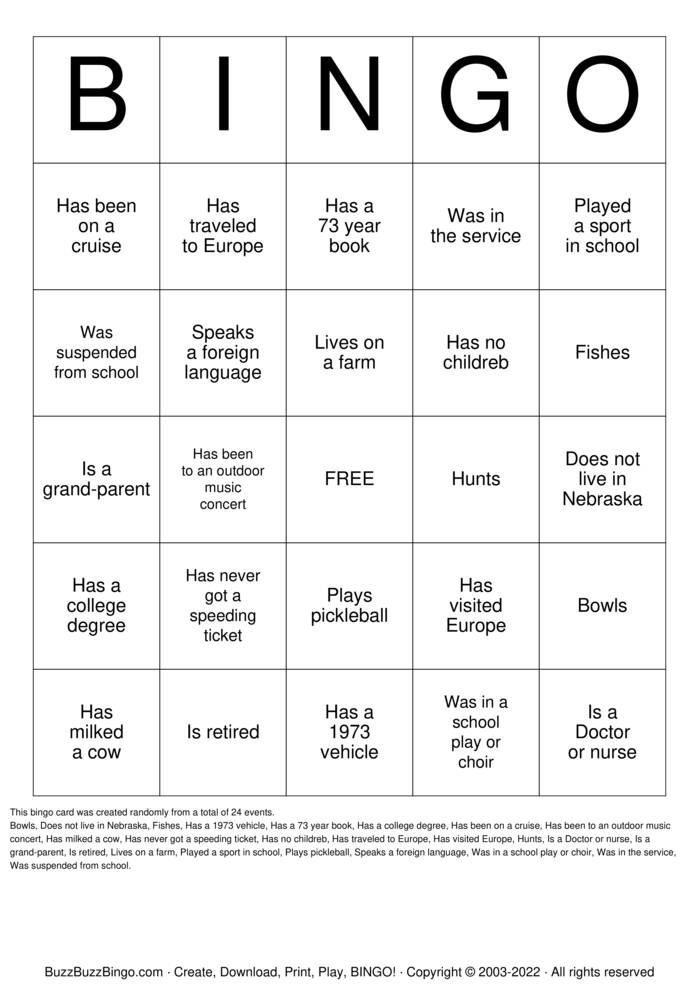 50th Class Reunion Bingo Cards to Download, Print and Customize!