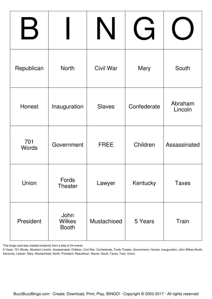 Abraham Lincoln Bingo Cards to Download, Print and Customize!
