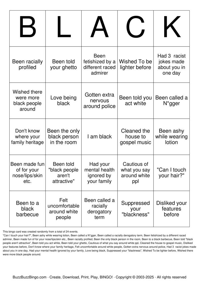 Black people Bingo Cards to Download, Print and Customize!