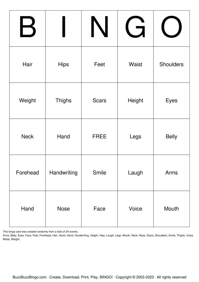 Body Parts Bingo Cards to Download, Print and Customize!