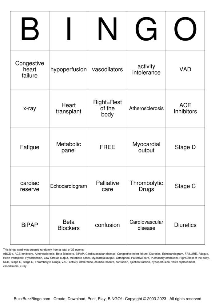 Cogestive Heart Failure Bingo Cards to Download, Print and Customize!