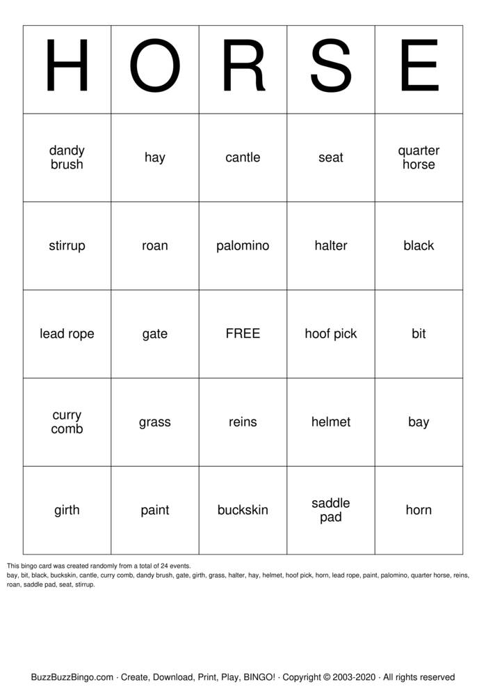 HORSE Bingo Cards to Download, Print and Customize!